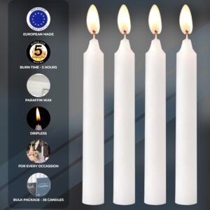 Hyoola Taper Candles - 6 Inch White Dripless, Unscented Dinner Candle - 36 Pack European Made Candles 5 Hour Burn Time