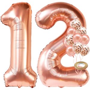 katchon, rose gold 12 balloon number - huge 40 inch | 12th birthday decorations for girls | 12th birthday balloons, confetti balloons | 12 birthday balloon for girls | number 12 balloons for birthdays