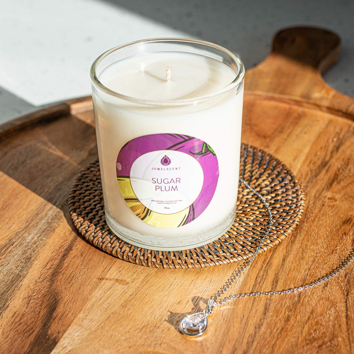 JewelScent Sugar Plum Signature 10z Candle and Jewelry with Surprise Pendant Inside | Made in USA | Parrafin Free | Natural Soy Blend | ECO Friendly Organic (Pendant)