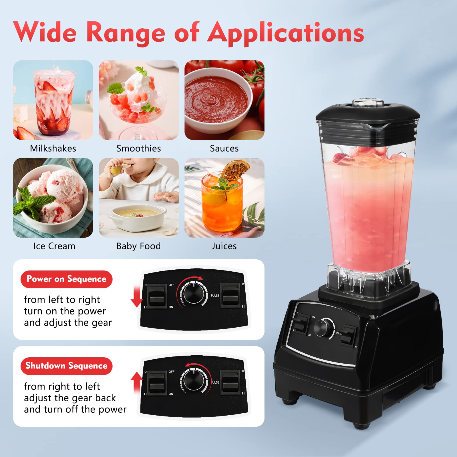 2L 2200W Professional Countertop Blender Heavy Duty Household Grade Blender Mixer with Food Grade ABS Stirring Rod for Milkshakes and Ice Cream (black)