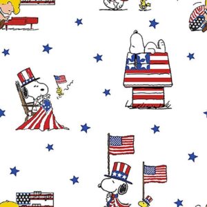 springs creative peanuts patriotic snoopy white premium quality 100% cotton fabric by 1/2 of a yard.