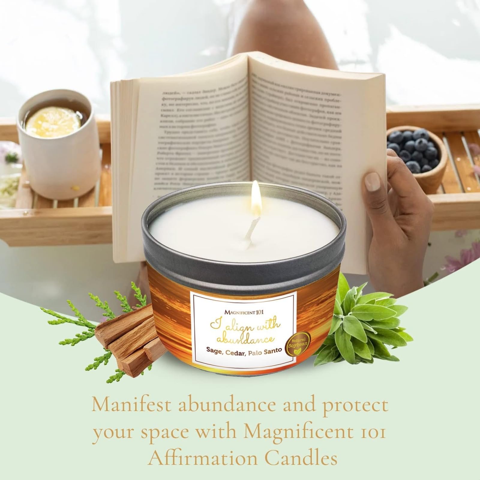 MAGNIFICENT 101 Affirmations Sage, Cedar, Palo Santo, Sprinkle of sage Leaves Smudge Candle for House Energy Cleansing, Banishes Negative Energy - Soy Wax Tin Candle (I Align with Abundance)