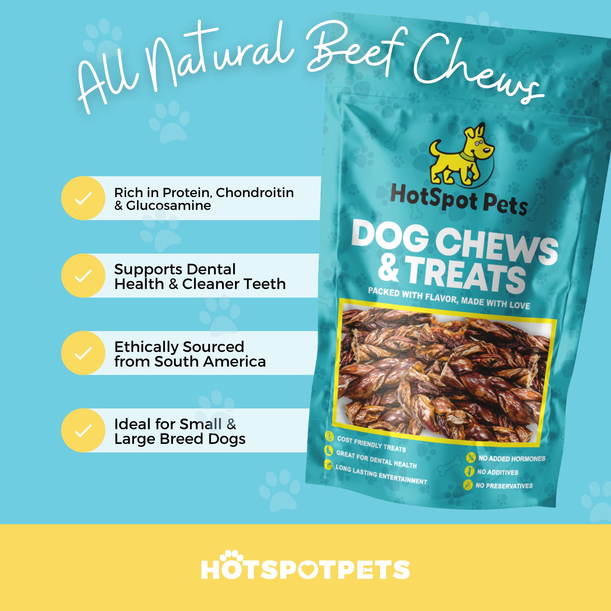 hotspot pets Thick Esophagus Braided Sticks Dog Chews - All Natural Beef Chews from Grass Fed Cattle - Rich in Glucosamine & Chondroitin - Great Rawhide Alternative (5 Pack)