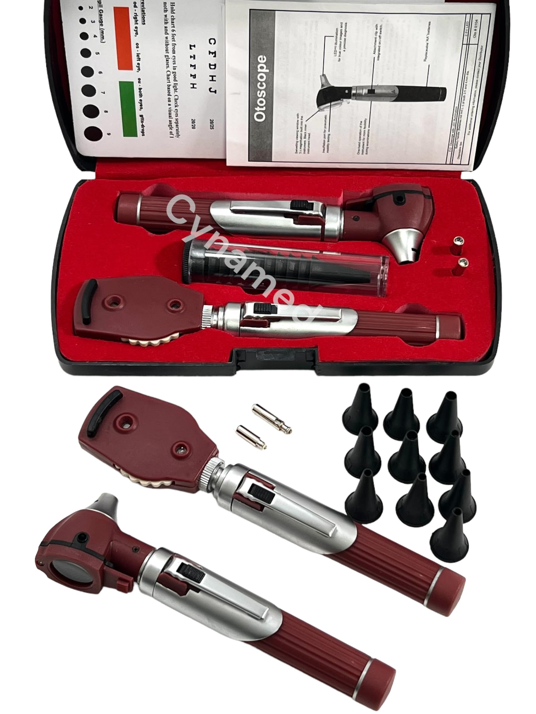 Premium Double Handle Otoscope Set -Otoscope/Great for School -Cynamed (BURGUNDY)