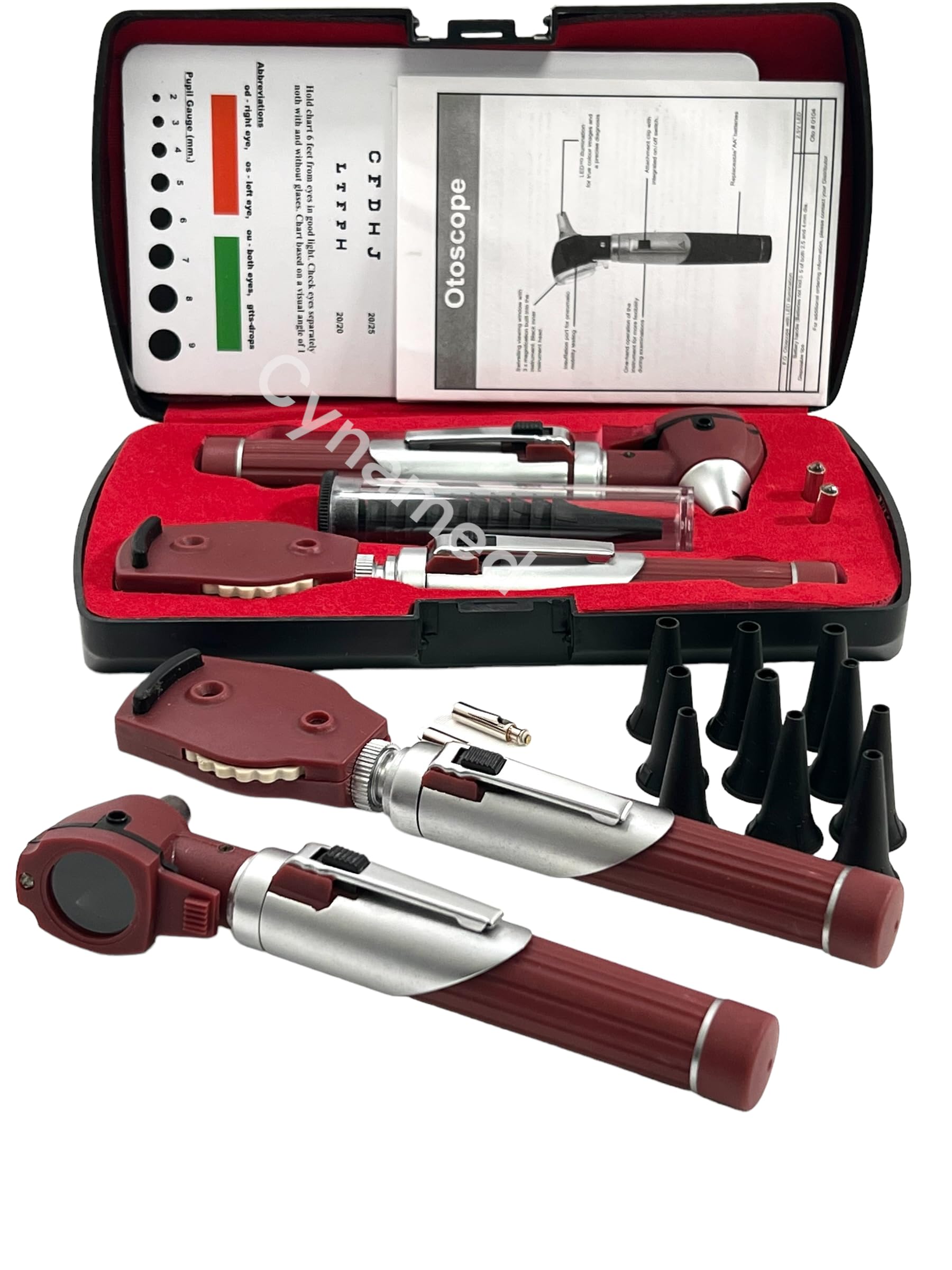 Premium Double Handle Otoscope Set -Otoscope/Great for School -Cynamed (BURGUNDY)