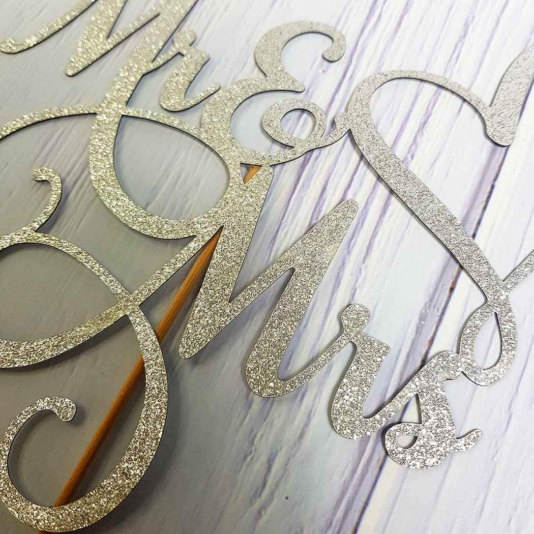 Mr and Mrs Cake Topper, Bride and Groom Sign Wedding, Engagement Cake Toppers Decorations, Double-faced Silver Glitter