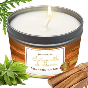 magnificent 101 affirmations sage, cedar, palo santo, sprinkle of sage leaves smudge candle for house energy cleansing, banishes negative energy - soy wax tin candle (i align with abundance)