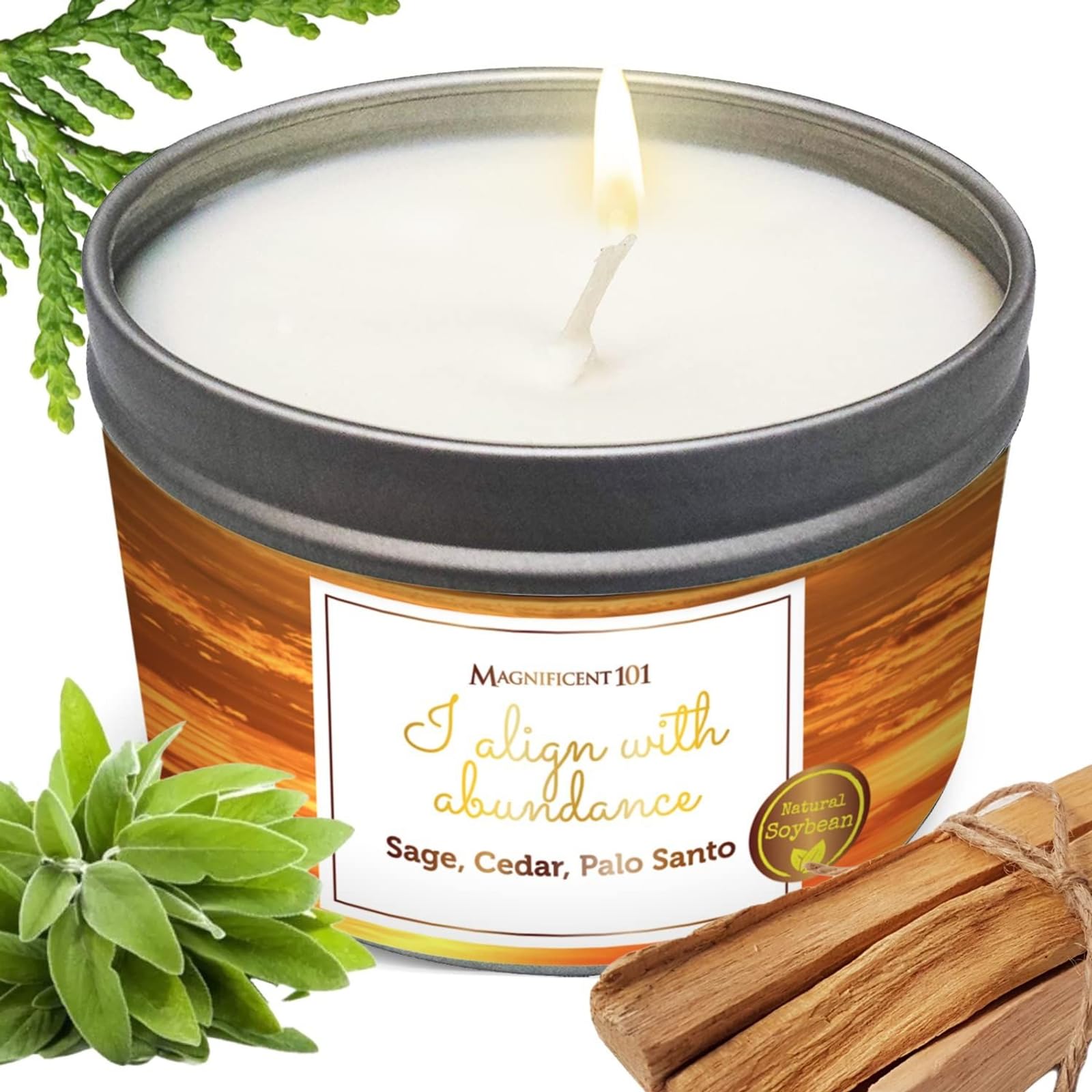 MAGNIFICENT 101 Affirmations Sage, Cedar, Palo Santo, Sprinkle of sage Leaves Smudge Candle for House Energy Cleansing, Banishes Negative Energy - Soy Wax Tin Candle (I Align with Abundance)