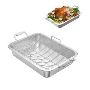 skyflame roasting pan with rack for turkey, stainless steel silver rectangular barbecue bakeware roaster pan with nonstick u-rack for indoor/outdoor oven cooking