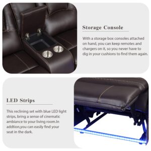 Manual Reclining Sectional Sofa Set with LED Strips, PU Recliner Couch with 2 Cup Holders and Storage for Living Room