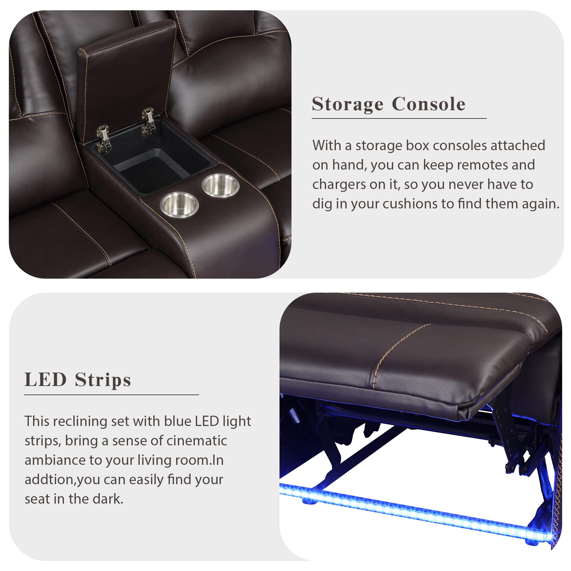 Manual Reclining Sectional Sofa Set with LED Strips, PU Recliner Couch with 2 Cup Holders and Storage for Living Room