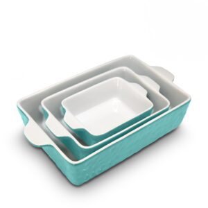 nutrichef 3-piece ceramic casserole dishes for oven - porcelain bakeware dishes w/premium non-stick coating & built-in handles - dishwasher & microwave safe - 14.7"/10.8"/7.9" (aqua)