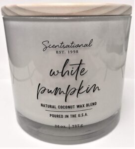 natural coconut + beeswax scented candle white pumpkin xl white jar with wooden lid, 26 oz.