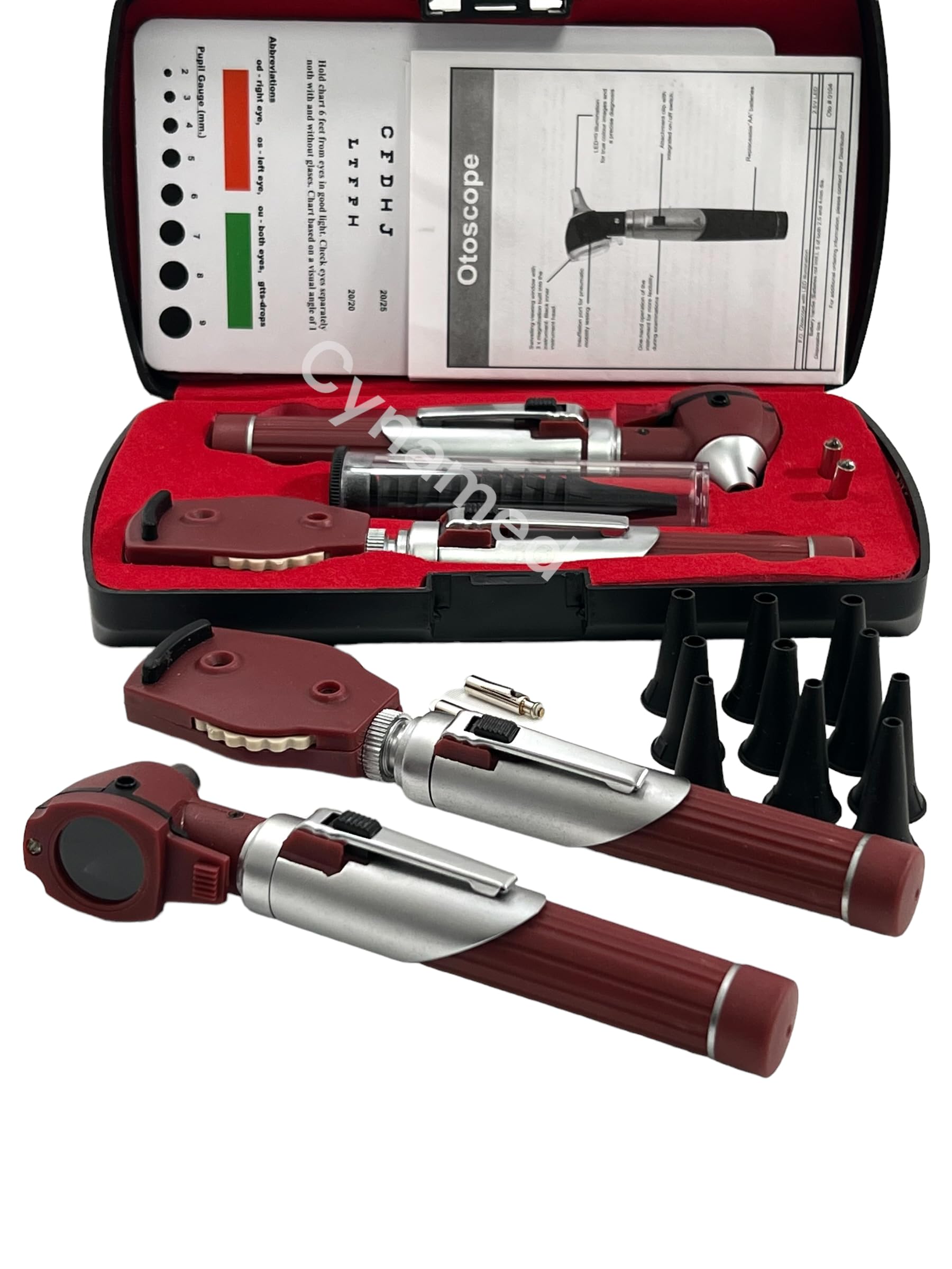 Premium Double Handle Otoscope Set -Otoscope/Great for School -Cynamed (BURGUNDY)