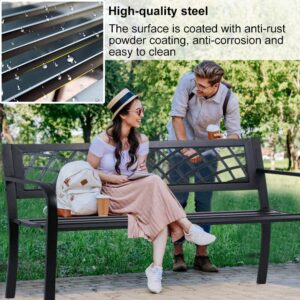 Garden Bench Patio Metal Bench Outdoor Park Benches Sturdy Steel Frame Cast Iron Front Porch Yard Furniture with Mesh Pattern and Armrests Seating for Yard, Porch, Deck, Entryway or Backyard, Black