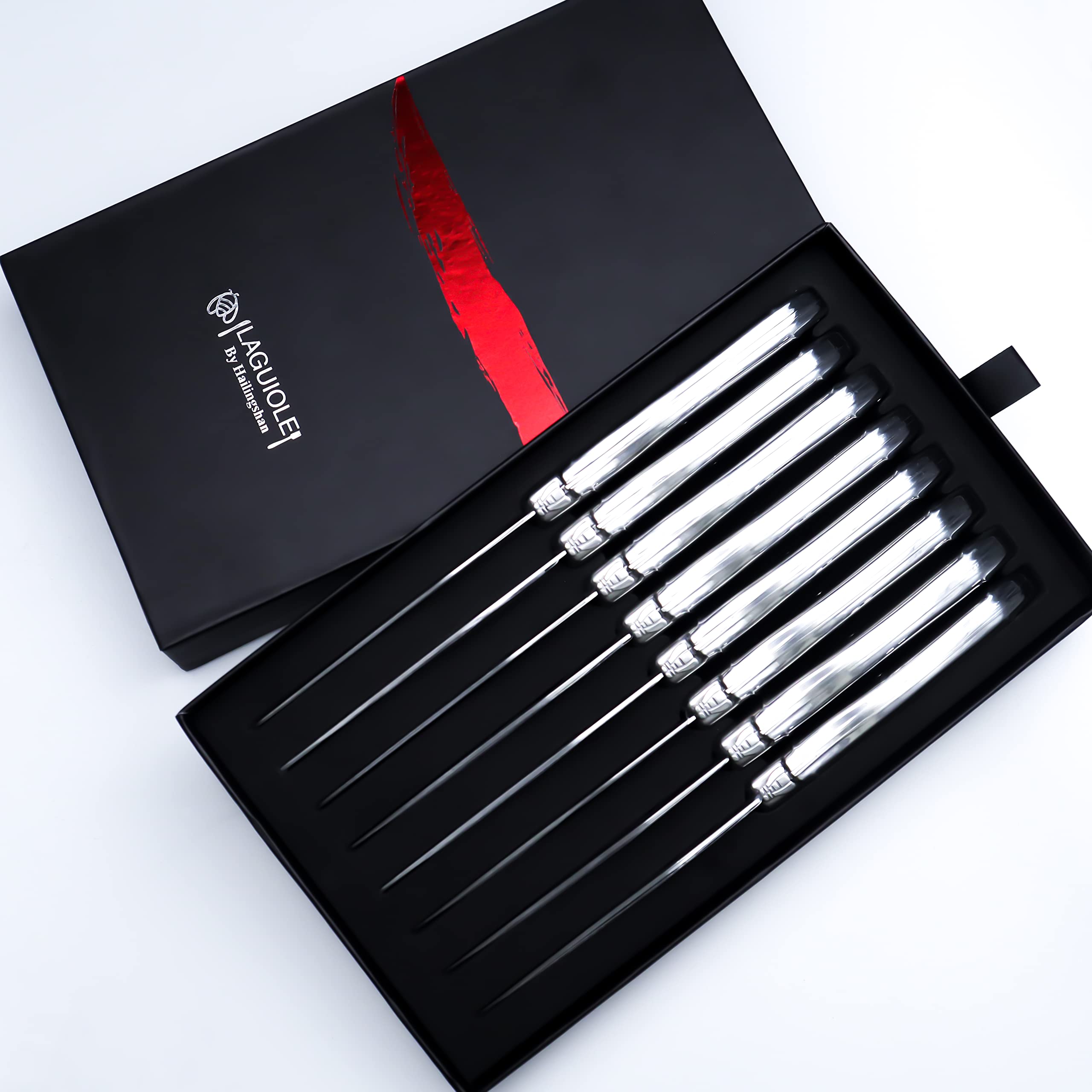 Laguiole by Hailingshan Steak knives Serrated Edge with pattern Sharp Light Premium Dishwasher Safe Stainless Steel knife set of 8 Silverware with Gift Box