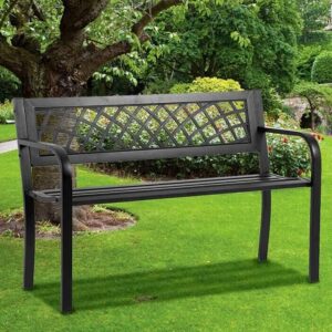 garden bench patio metal bench outdoor park benches sturdy steel frame cast iron front porch yard furniture with mesh pattern and armrests seating for yard, porch, deck, entryway or backyard, black