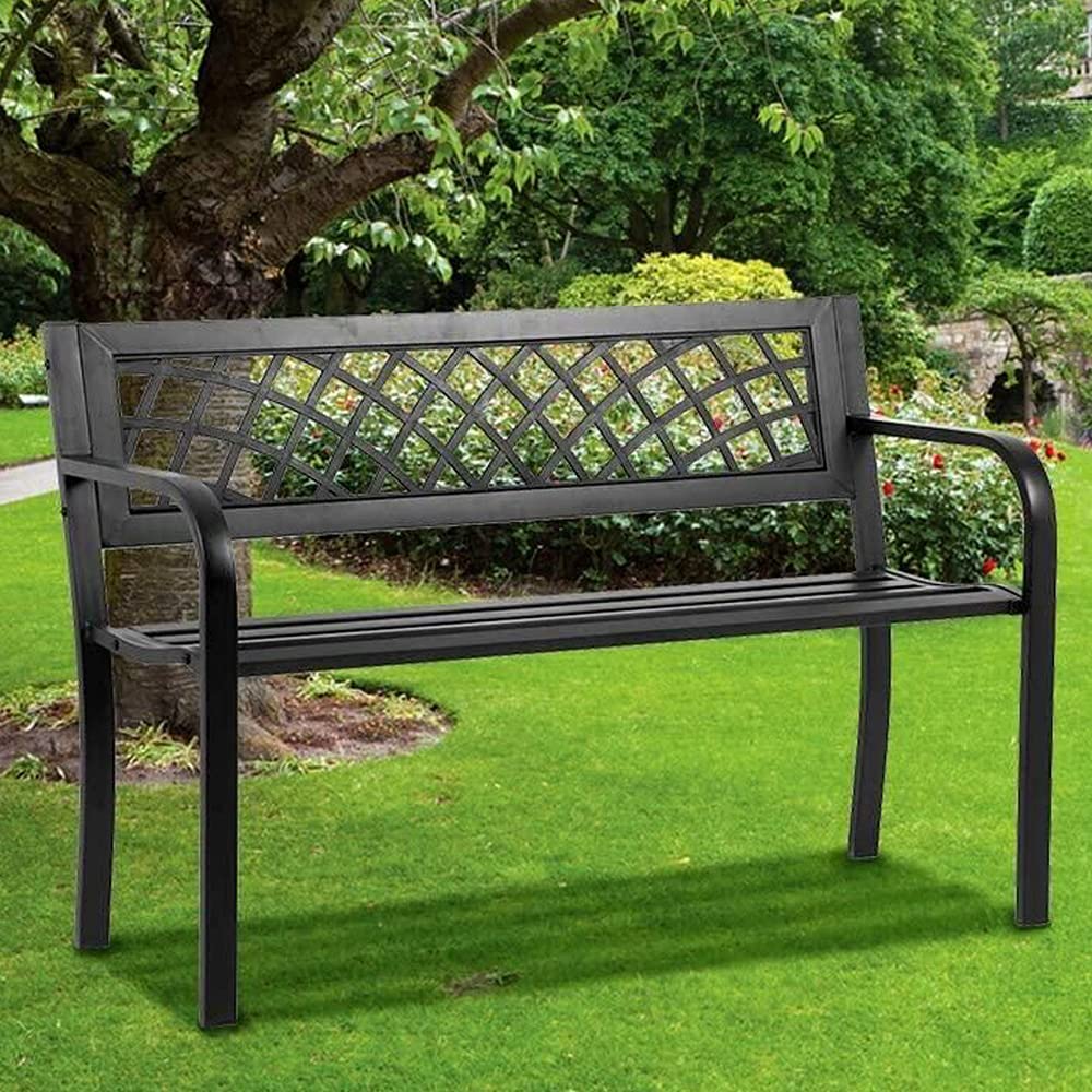 Garden Bench Patio Metal Bench Outdoor Park Benches Sturdy Steel Frame Cast Iron Front Porch Yard Furniture with Mesh Pattern and Armrests Seating for Yard, Porch, Deck, Entryway or Backyard, Black