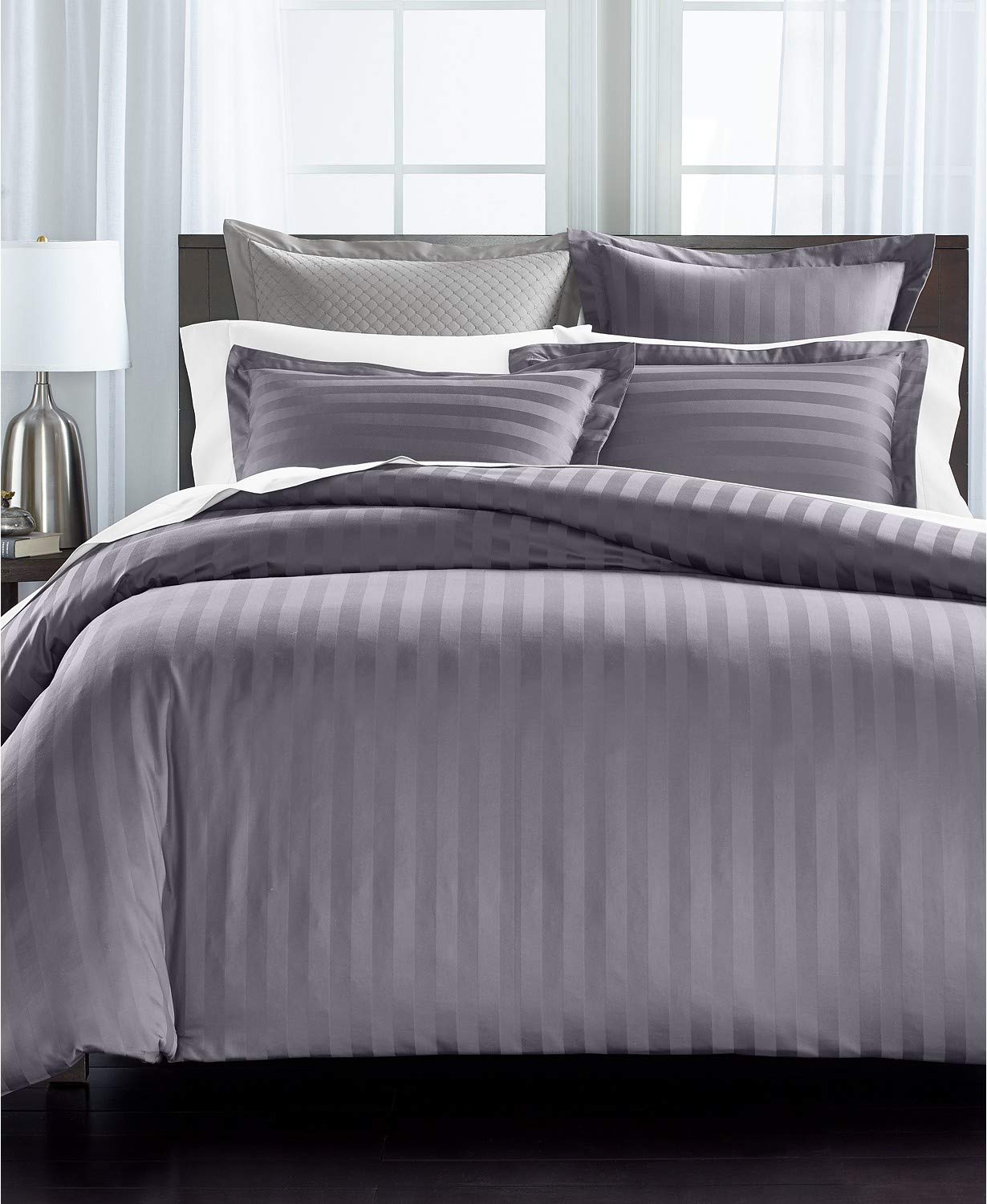 Charter Club Damask Stripe 550 Thread Count Supima Cotton 3 Piece Full / Queen Duvet Cover Set Granite