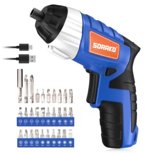 electric screwdriver, sorako cordless screwdriver rechargeable 4v max, power screwdriver with led light, 1300mah battery screwdriver 6 nm 30 pcs screw gun accessories for home diy, car repair