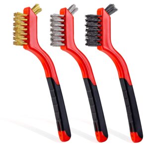 lavaxon wire brush set 3pcs - nylon/brass/stainless steel bristles with curved handle grip for rust, dirt & paint scrubbing with deep cleaning – 7 inches (red)