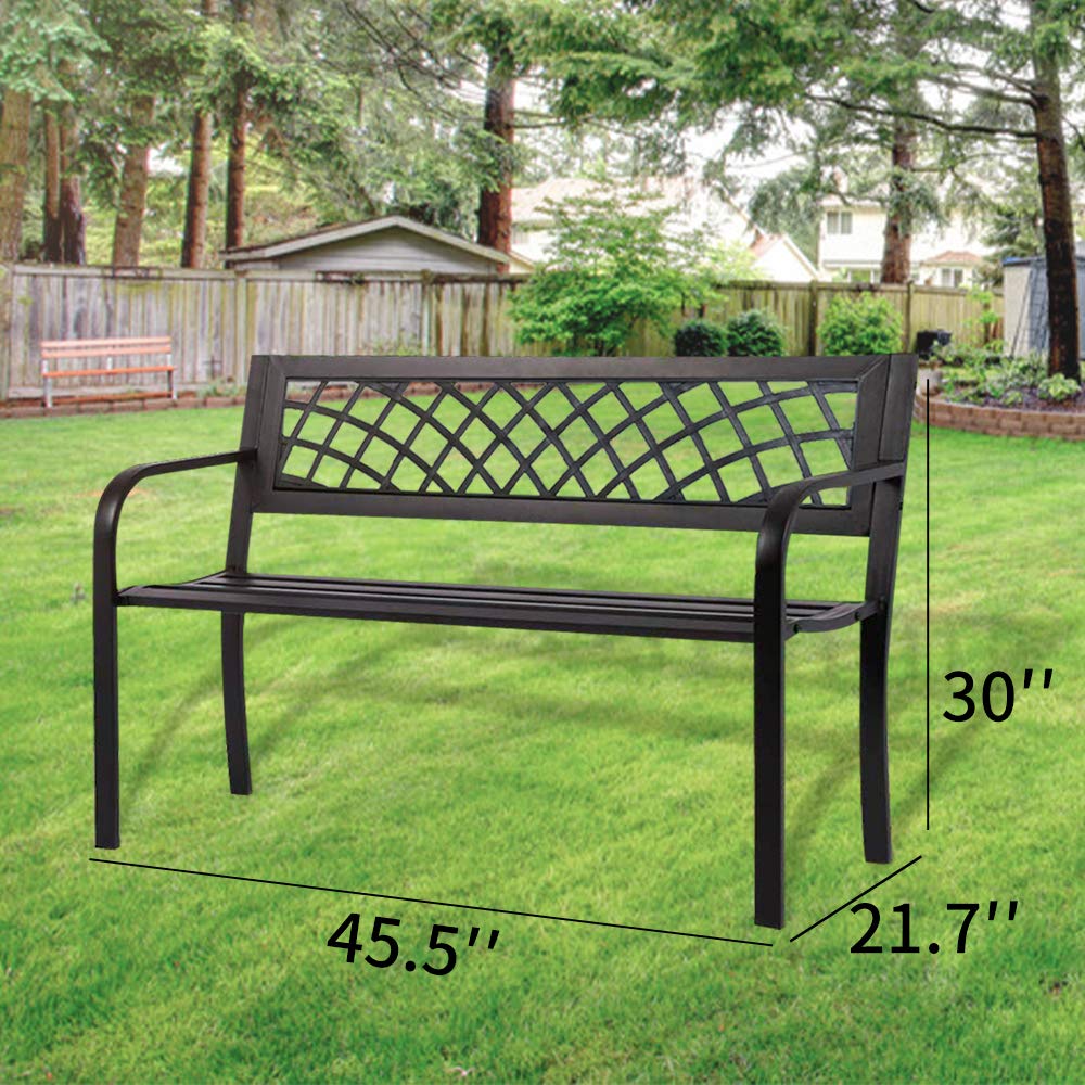 Garden Bench Patio Metal Bench Outdoor Park Benches Sturdy Steel Frame Cast Iron Front Porch Yard Furniture with Mesh Pattern and Armrests Seating for Yard, Porch, Deck, Entryway or Backyard, Black