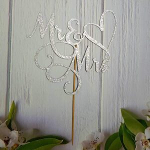 Mr and Mrs Cake Topper, Bride and Groom Sign Wedding, Engagement Cake Toppers Decorations, Double-faced Silver Glitter