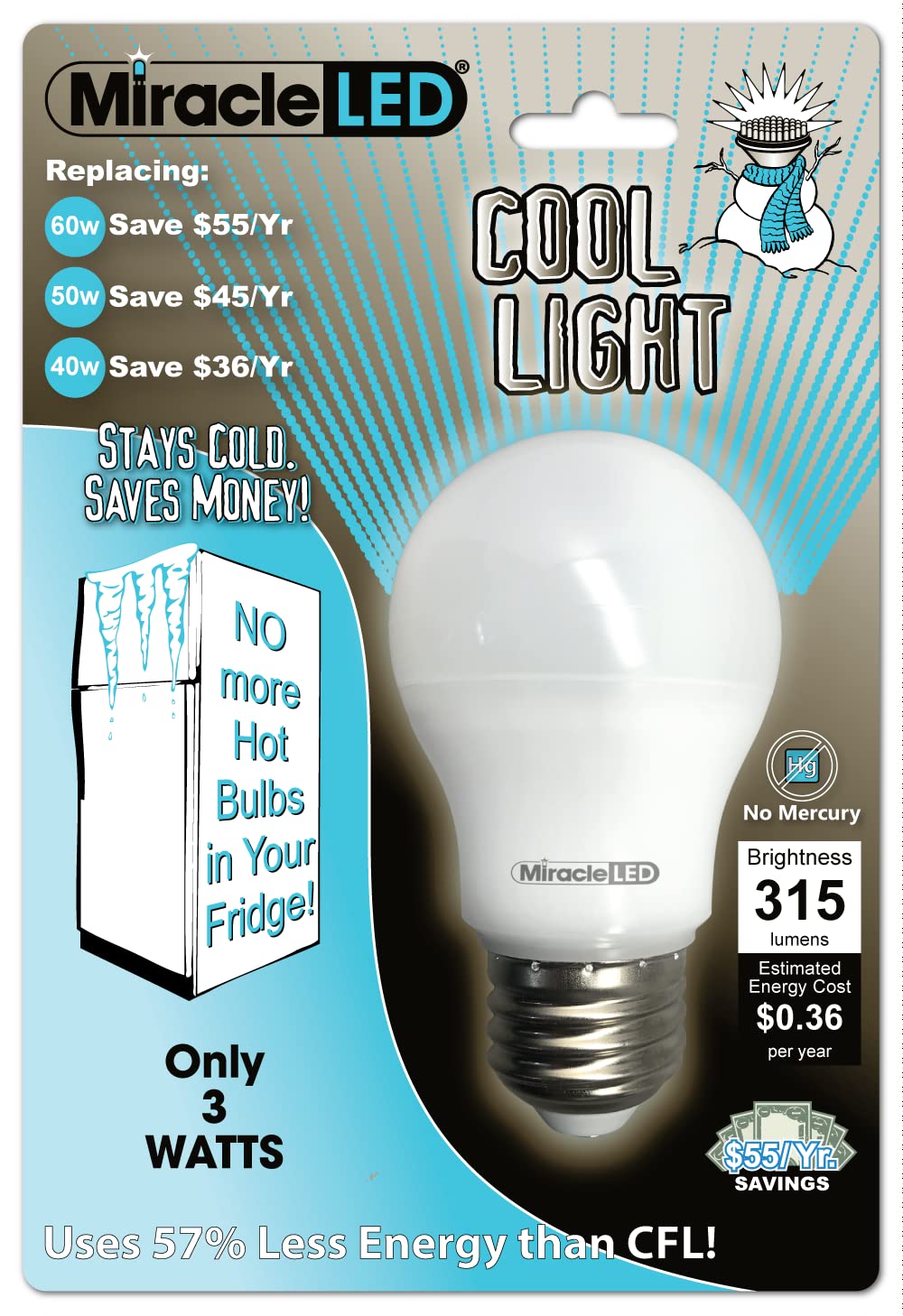 Miracle LED Un-Edison 3-Watt Cool Light for Maytag Refrigerators, 40W Equivalent, 120V E26 Cool White 6000K, A15 Energy Saving Appliance Bulbs (601586)