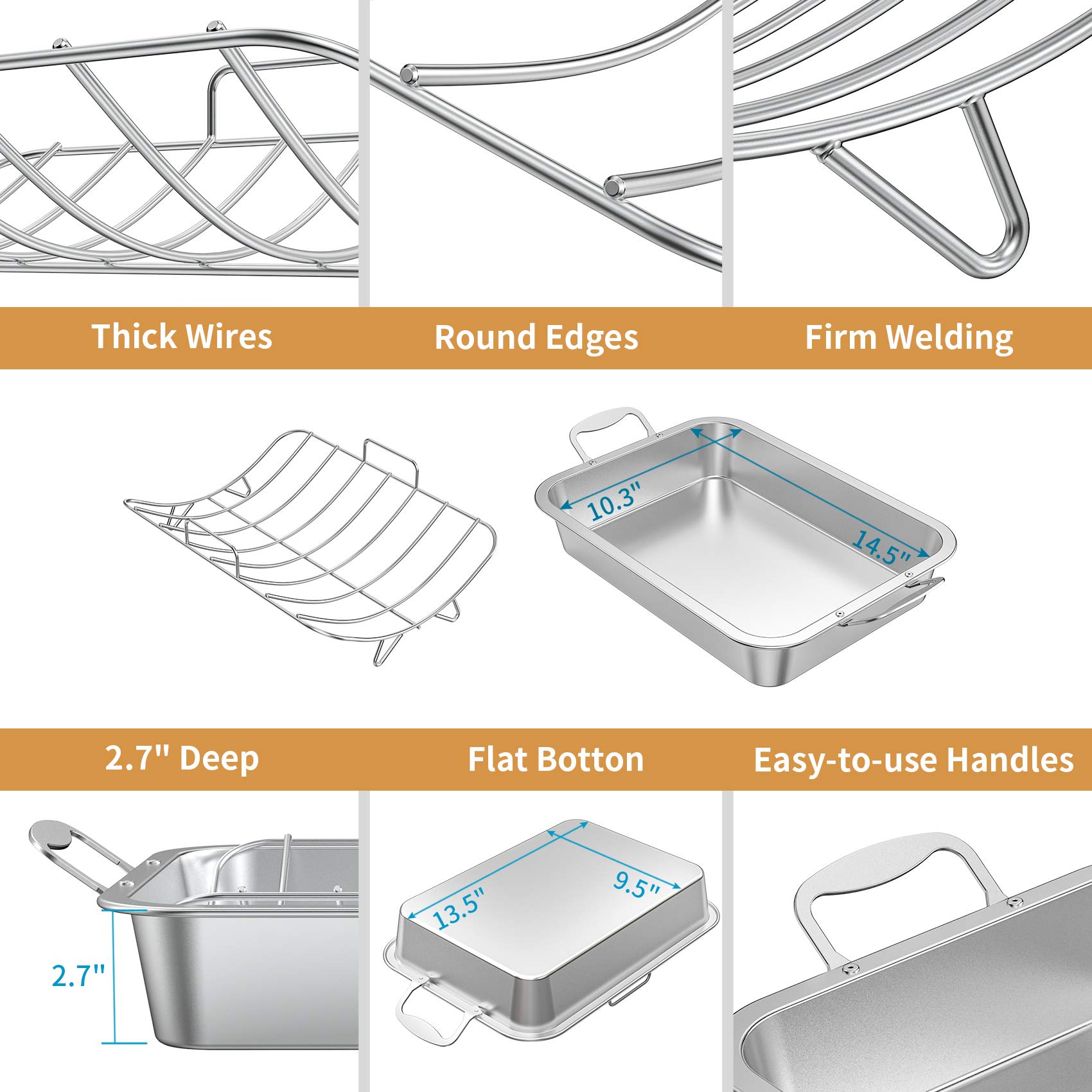 Skyflame Roasting Pan with Rack for Turkey, Stainless Steel Silver Rectangular Barbecue Bakeware Roaster Pan with Nonstick U-Rack for Indoor/Outdoor Oven Cooking