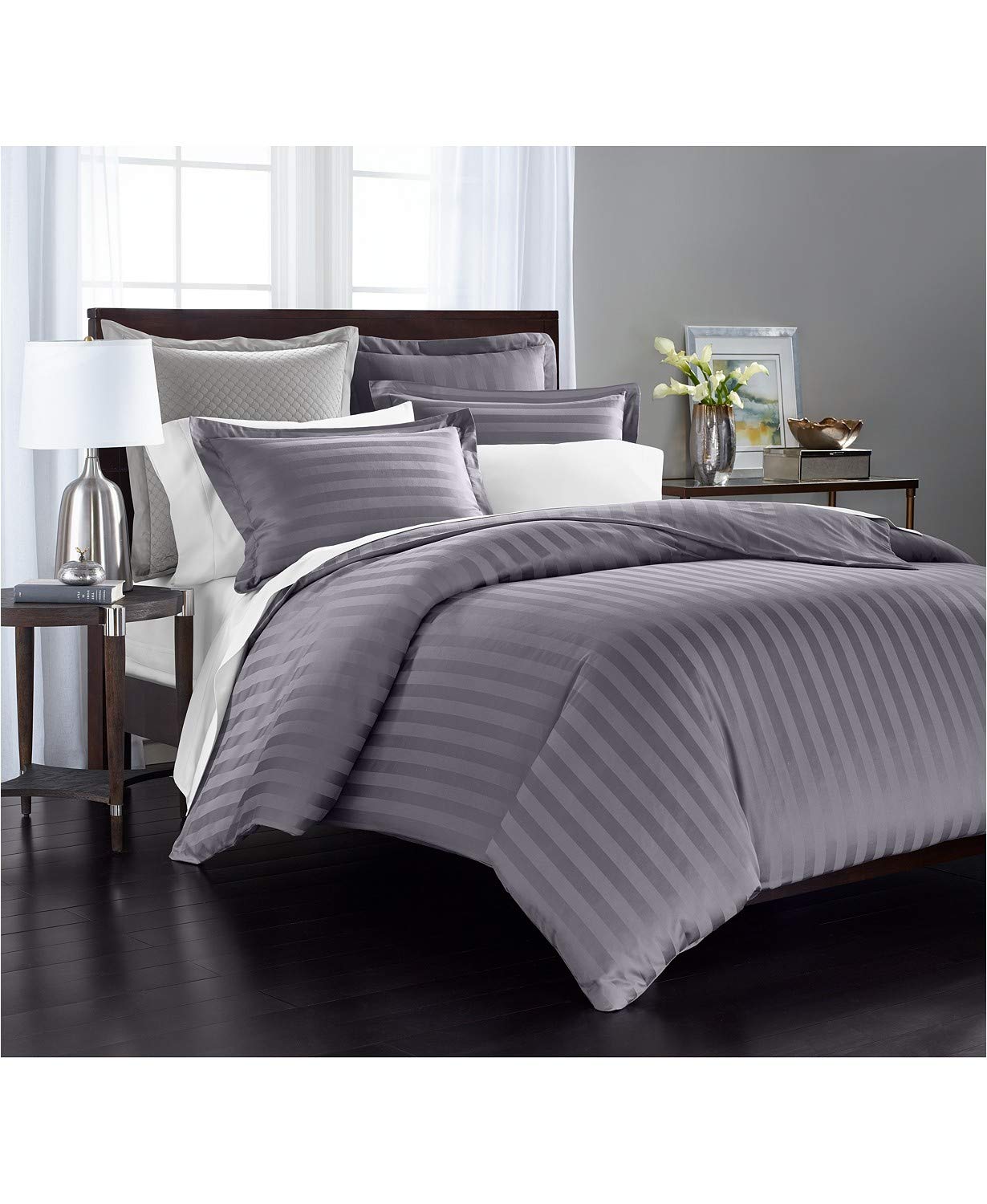 Charter Club Damask Stripe 550 Thread Count Supima Cotton 3 Piece Full / Queen Duvet Cover Set Granite