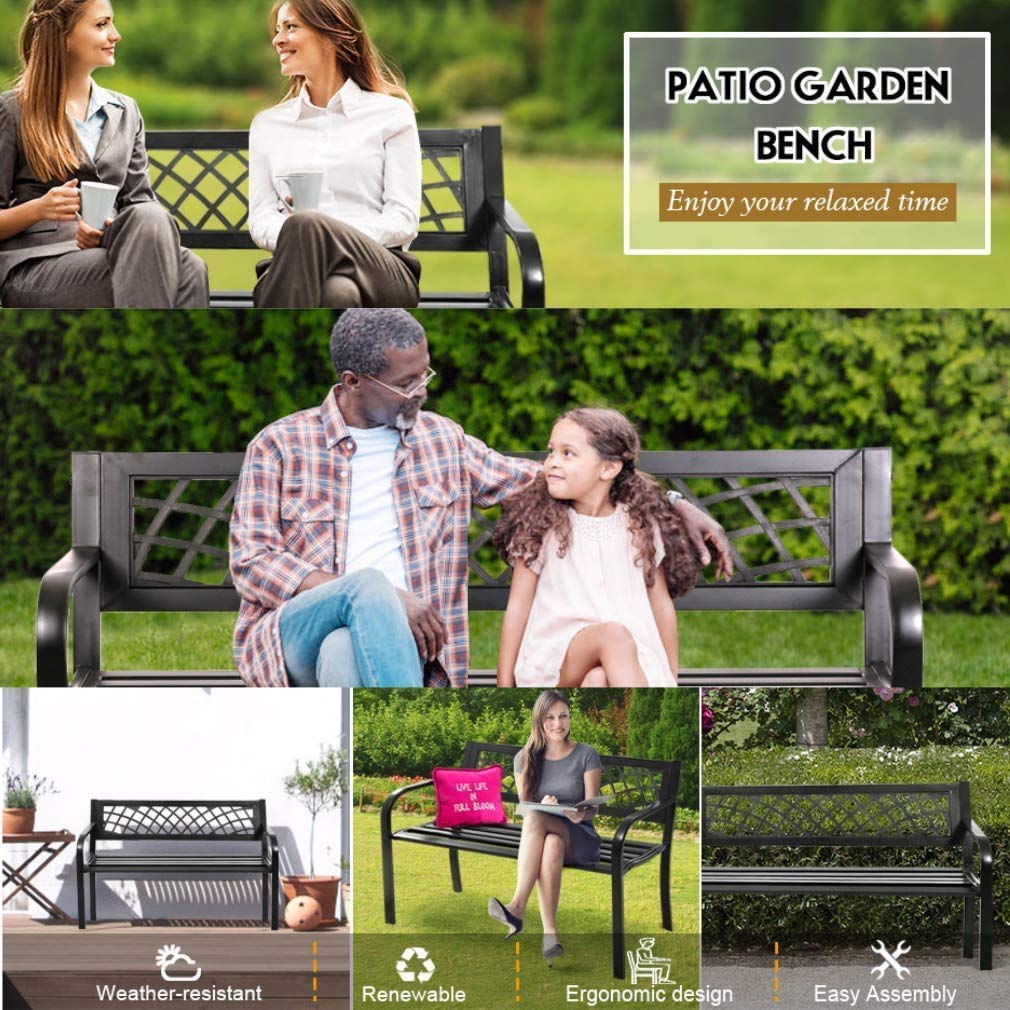 Garden Bench Patio Metal Bench Outdoor Park Benches Sturdy Steel Frame Cast Iron Front Porch Yard Furniture with Mesh Pattern and Armrests Seating for Yard, Porch, Deck, Entryway or Backyard, Black