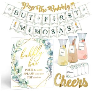 prestige mimosa bar kit | bubbly brunch decorations w/greenery mimosa bar sign & gold banners. classy bridal shower decorations, momosa bar baby shower supplies, rustic birthday party brunch decor set