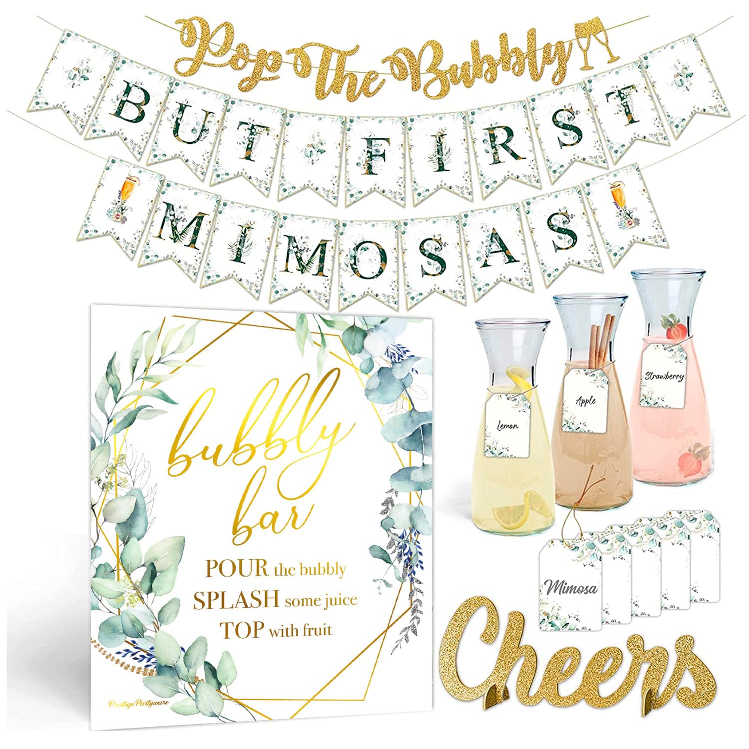 PRESTIGE Mimosa Bar Kit | Bubbly Brunch Decorations w/Greenery Mimosa Bar Sign & Gold Banners. Classy Bridal Shower Decorations, Momosa Bar Baby Shower Supplies, Rustic Birthday Party Brunch Decor Set