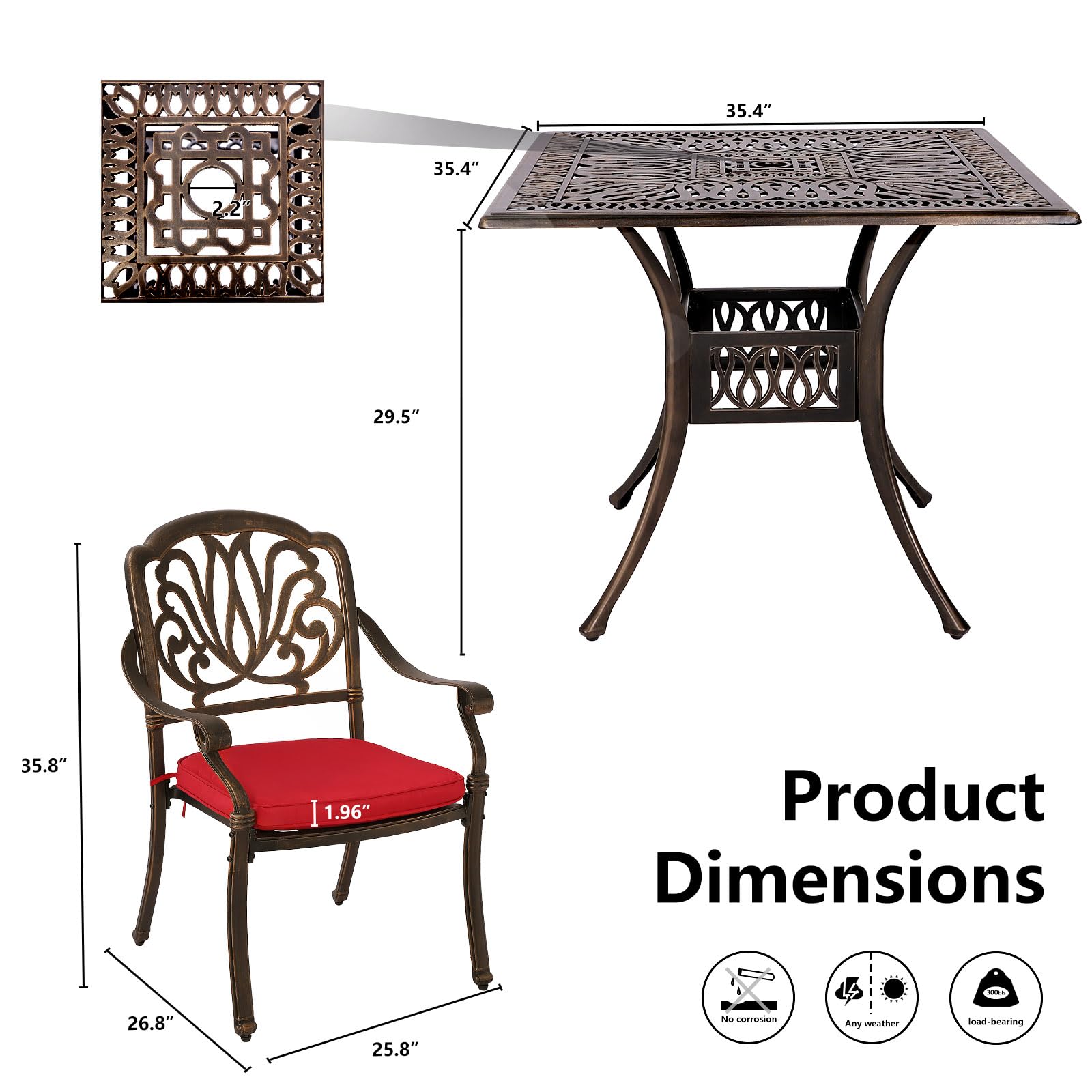 Grepatio 5 Piece Cast Aluminum Patio Dining Set Outdoor Furniture Set Patio Garden Set with 4 Ding Chairs, 4 Cushions and 35.4" Square Patio Table 2.4" Umbrella Hole, Antique Bronze (Red)