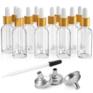 12 pcs, 1 oz dropper bottles (30ml) with 3 funnels & 1 long dropper - clear glass bottles for essential oils with eye droppers - tincture bottles, leak-proof travel bottles for liquids, golden cap