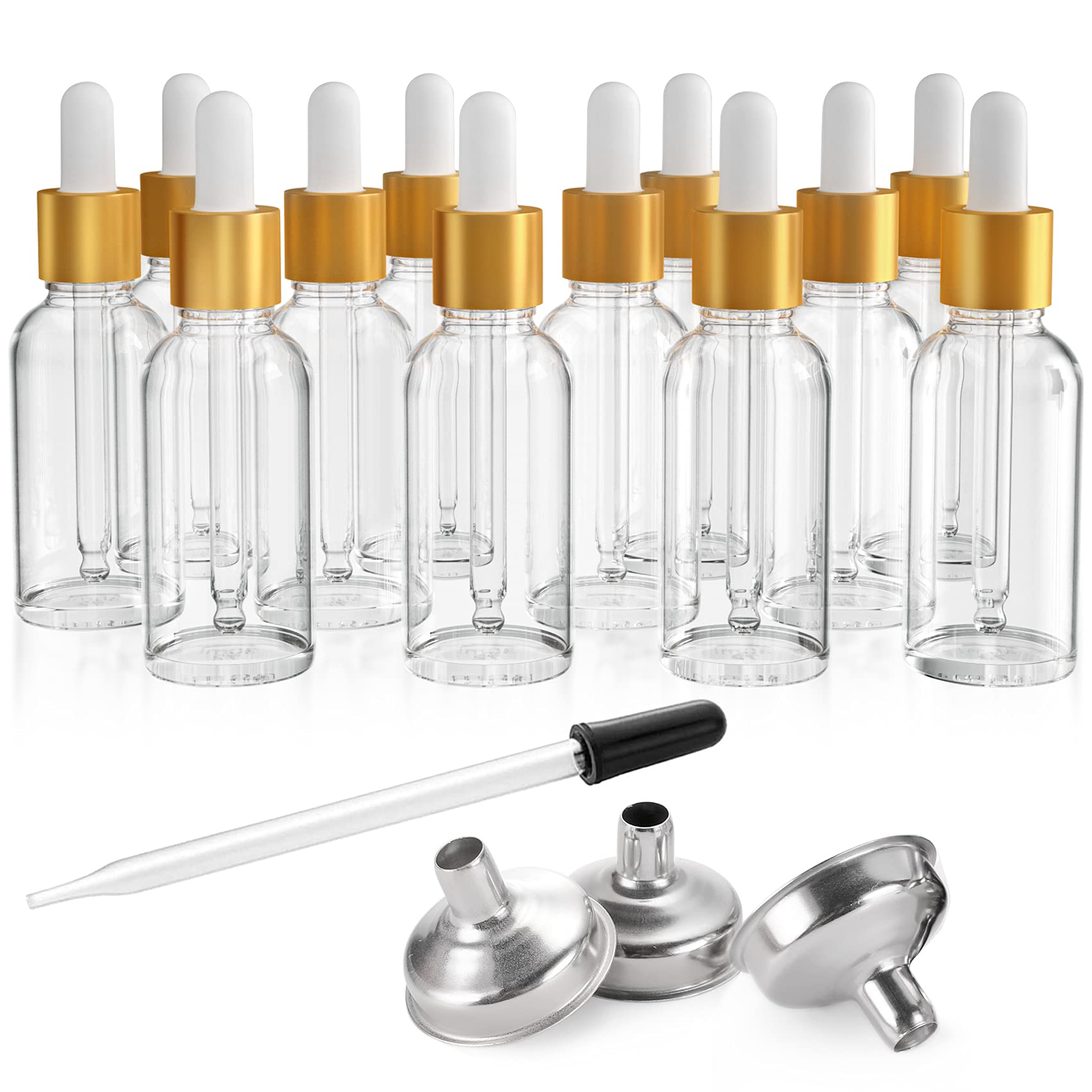 12 Pcs, 1 OZ Dropper Bottles (30ml) with 3 Funnels & 1 Long Dropper - Clear Glass Bottles for Essential Oils with Eye Droppers - Tincture Bottles, Leak-Proof Travel Bottles for Liquids, Golden Cap