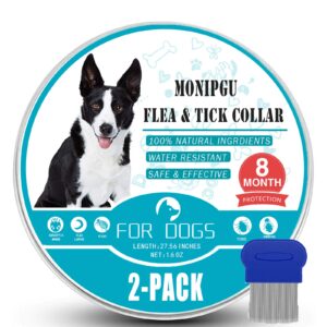 flea and tick collar for dogs,2 pack,natural flea and tick prevention for dogs,8 months protection,one size fits all dogs,adjustable & waterproof,include flea comb