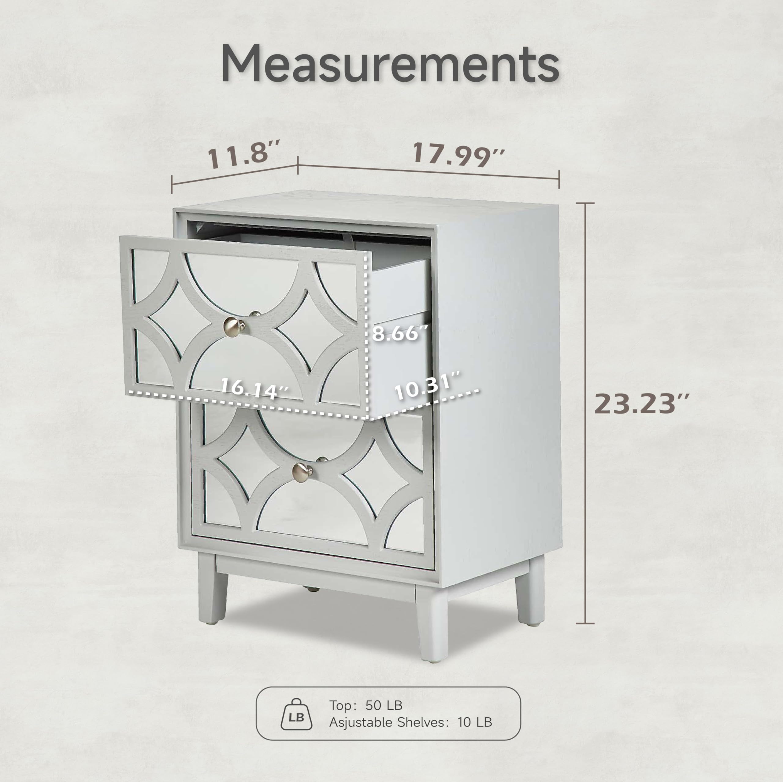 COZAYH Modern Contemporary 2-Drawer Nightstand, Accent Front Mirror Nightstand, for Small Spaces, Bedroom, Light Gray