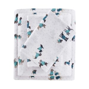 intelligent design cozy soft 100% cotton flannel print animals stars cute warm, ultra soft cold weather sheet set bedding, full, teal dogs 4 piece