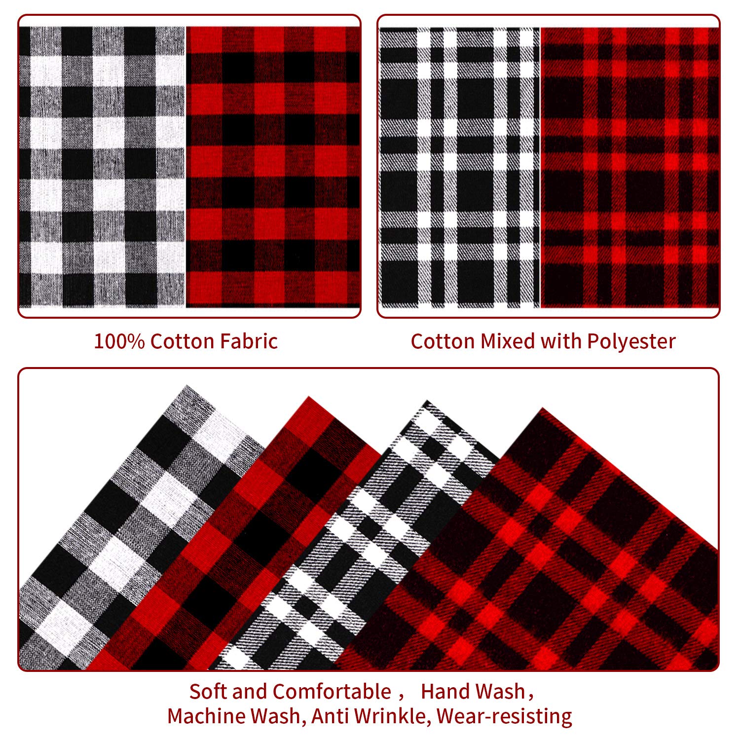 48 Pieces Christmas Fabric Bundle Squares 6 Inch Red and Black Buffalo Plaid Christmas Fabric Black and White Quilting Fabric Squares Precut Fat Quarter Patchwork for Christmas Sewing DIY Craft