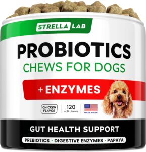 strellalab pet probiotics for dogs & digestive enzymes + digestion & gut health treats, dog probiotics chews, fiber supplement, anti diarrhea, constipation, upset stomach&gas relief, canine prebiotic