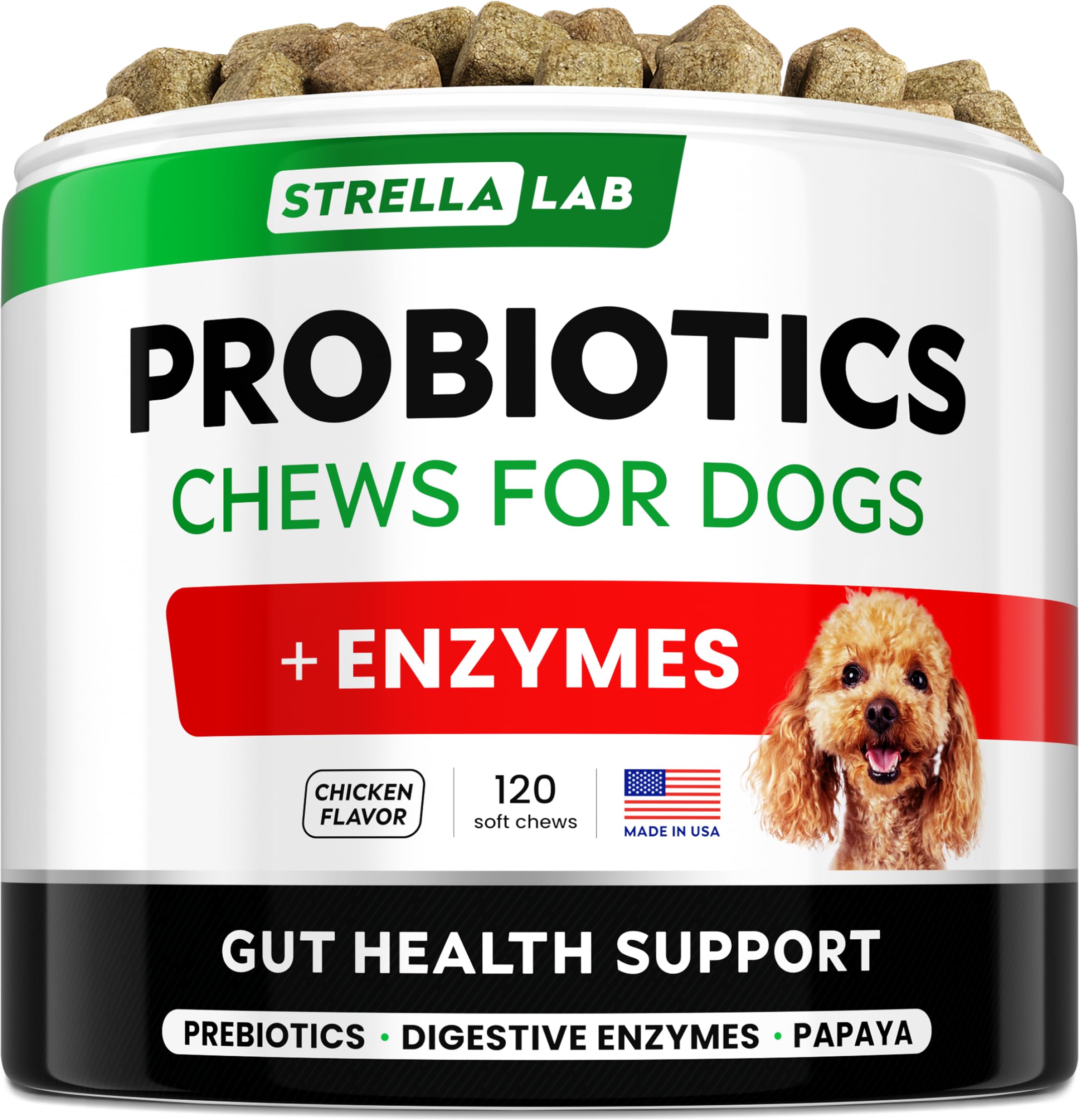 STRELLALAB Pet Probiotics for Dogs & Digestive Enzymes + Digestion & Gut Health Treats, Dog Probiotics Chews, Fiber Supplement, Anti Diarrhea, Constipation, Upset Stomach&Gas Relief, Canine Prebiotic