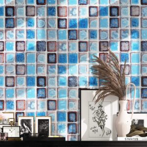 Livelynine Waterproof Wallpaper for Bathroom Shower Wall Decorative Contact Paper Self Adhesive for Furniture Stickers Kitchen Backsplash Tiles Peel and Stick Counter Removable Blue Mosaic 15.8"x78.8"