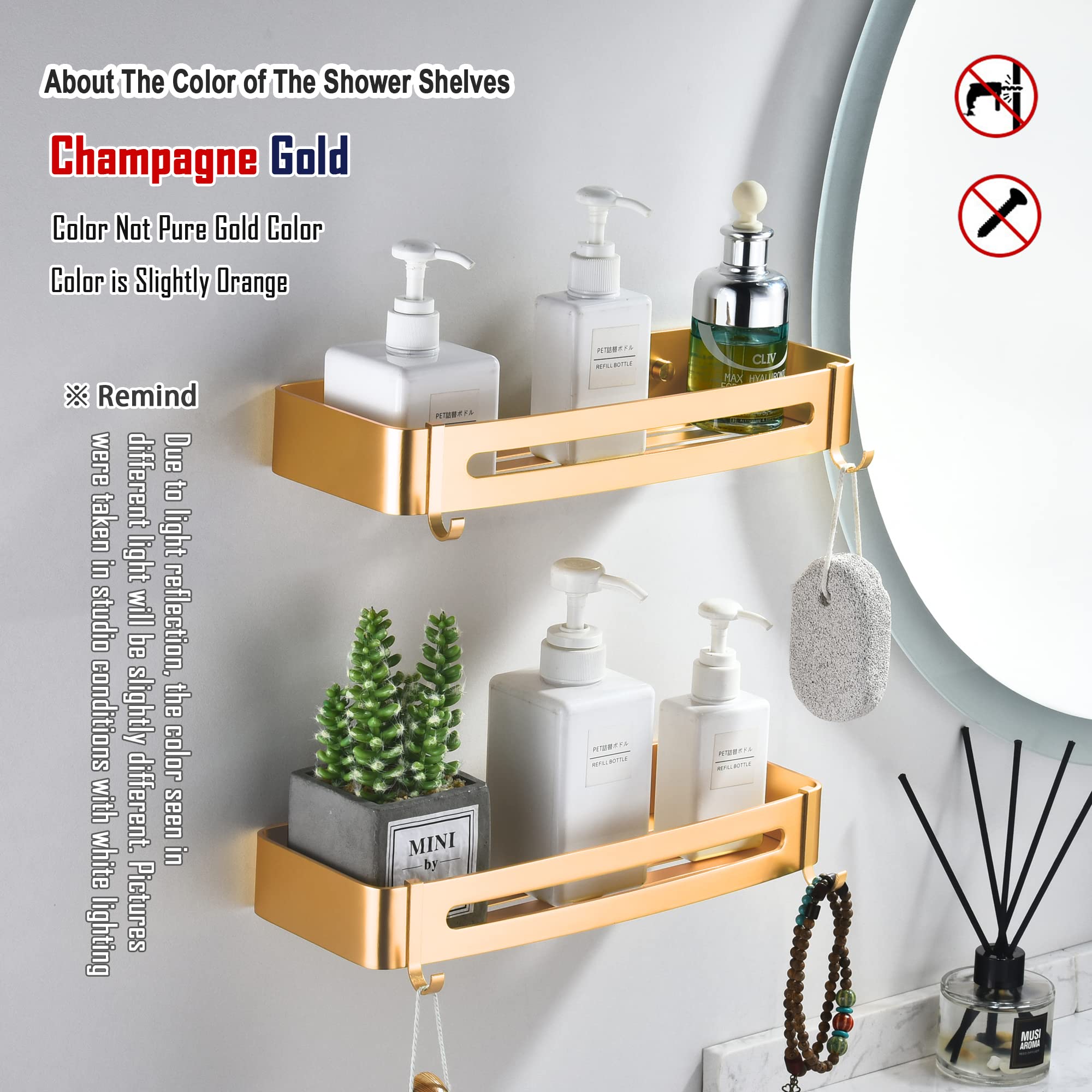 maifey Shower Caddy No Drilling, Champagne Gold Bathroom Wall Shelf Shower Shelves with Hooks, Metal Bathroom Shelf Organizer for Shampoo, Rust Proof (2 Tiers)