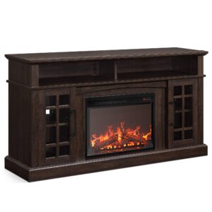 belleze traditional 58" rustic tv stand with 23" electric fireplace heater with sound, media entertainment center console table for tv up to 65" with open storage shelves and cabinets - espresso