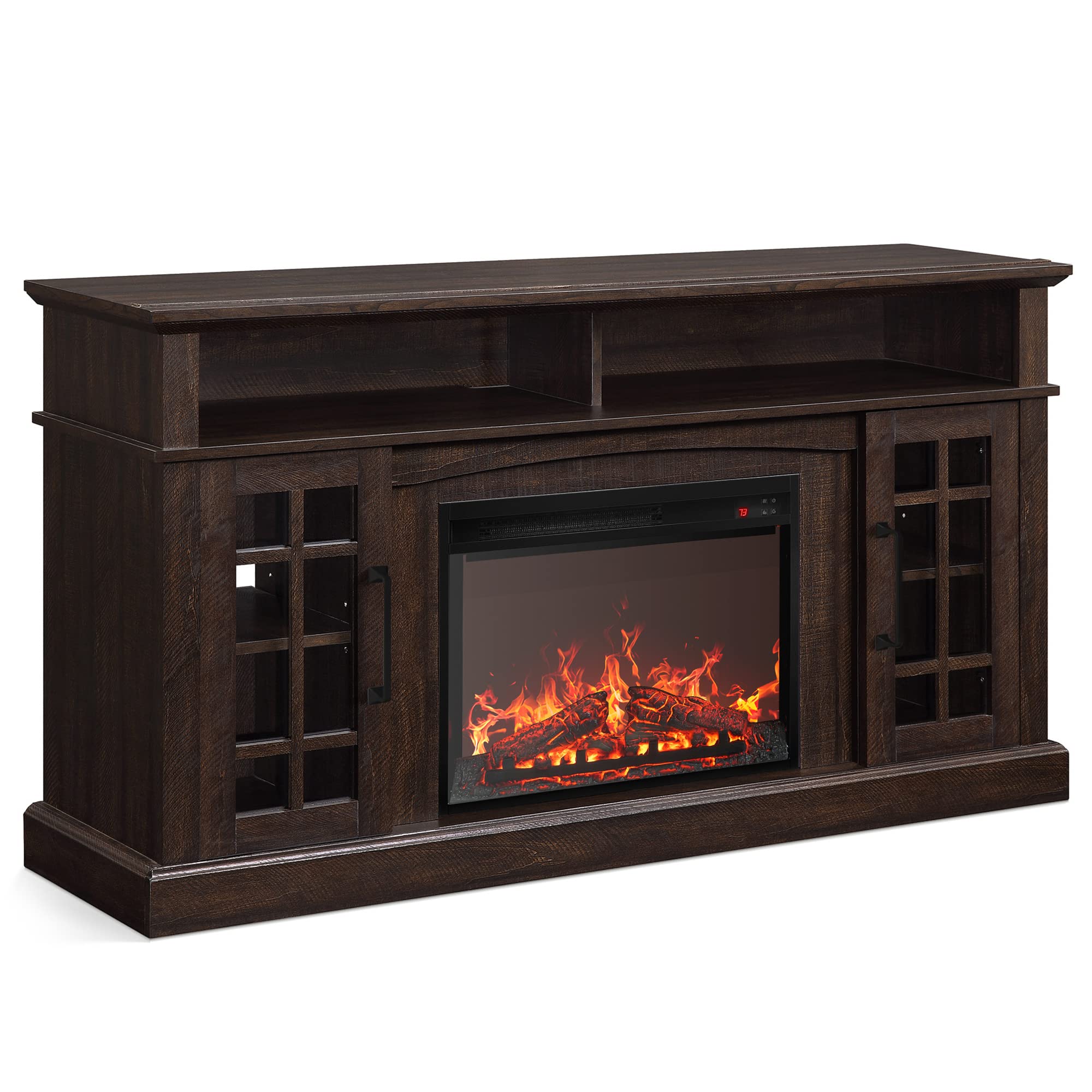 BELLEZE Traditional 58" Rustic TV Stand with 23" Electric Fireplace Heater with Sound, Media Entertainment Center Console Table for TV up to 65" with Open Storage Shelves and Cabinets - Espresso