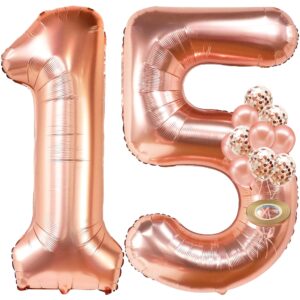 katchon, rose gold 15 balloons number - giant, 40 inch | 15 birthday balloons with confetti for happy 15th birthday decorations for girls | quinceanera decorations | 15 birthday decorations for girls