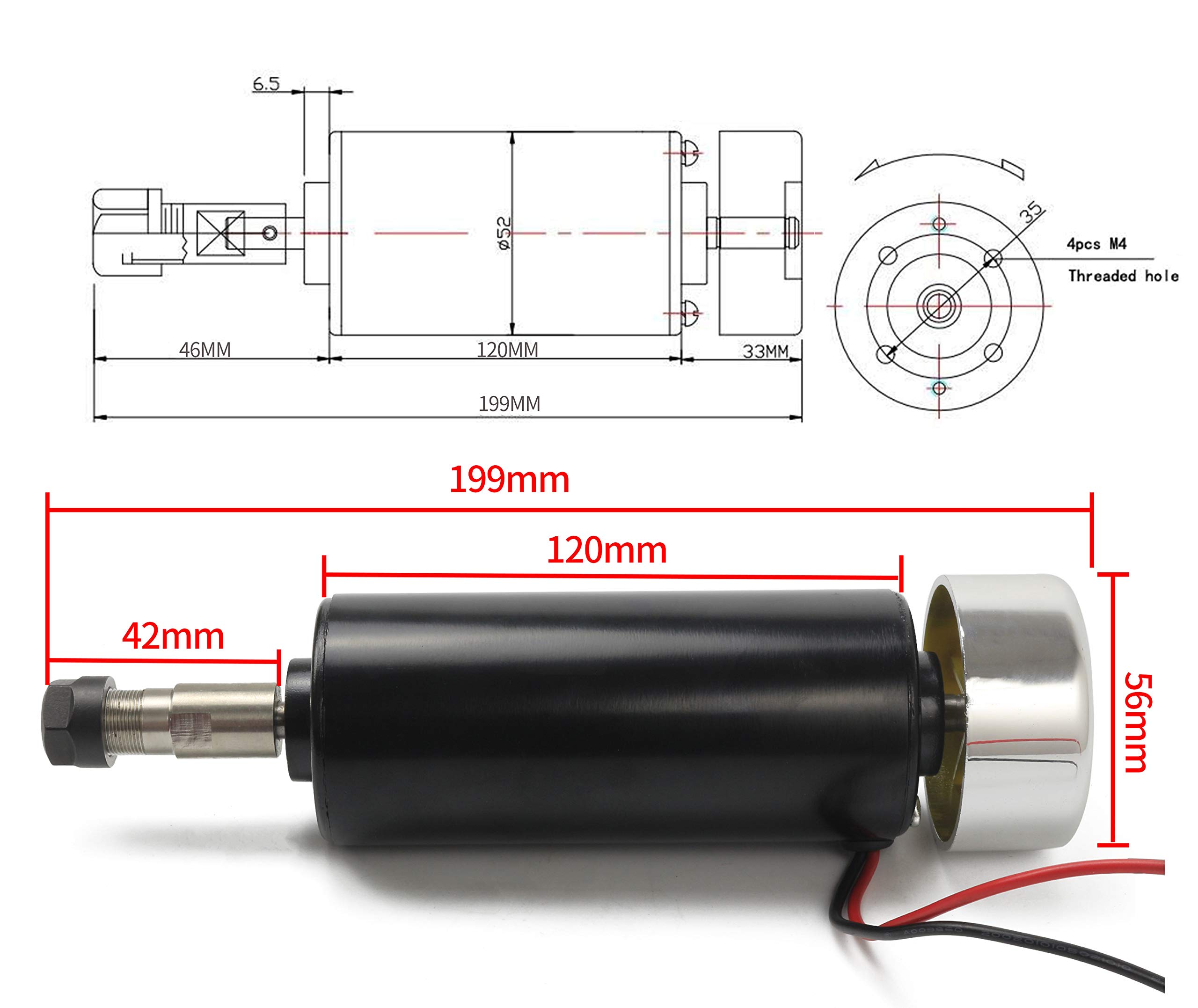 RATTMMOTOR CNC 500W Spindle Motor ER11 500 Watt Air Cooled Spindle Motor 52mm DC 48V 12000RPM 600mN.m for DIY Mini CNC Router Engraver Milling Machine