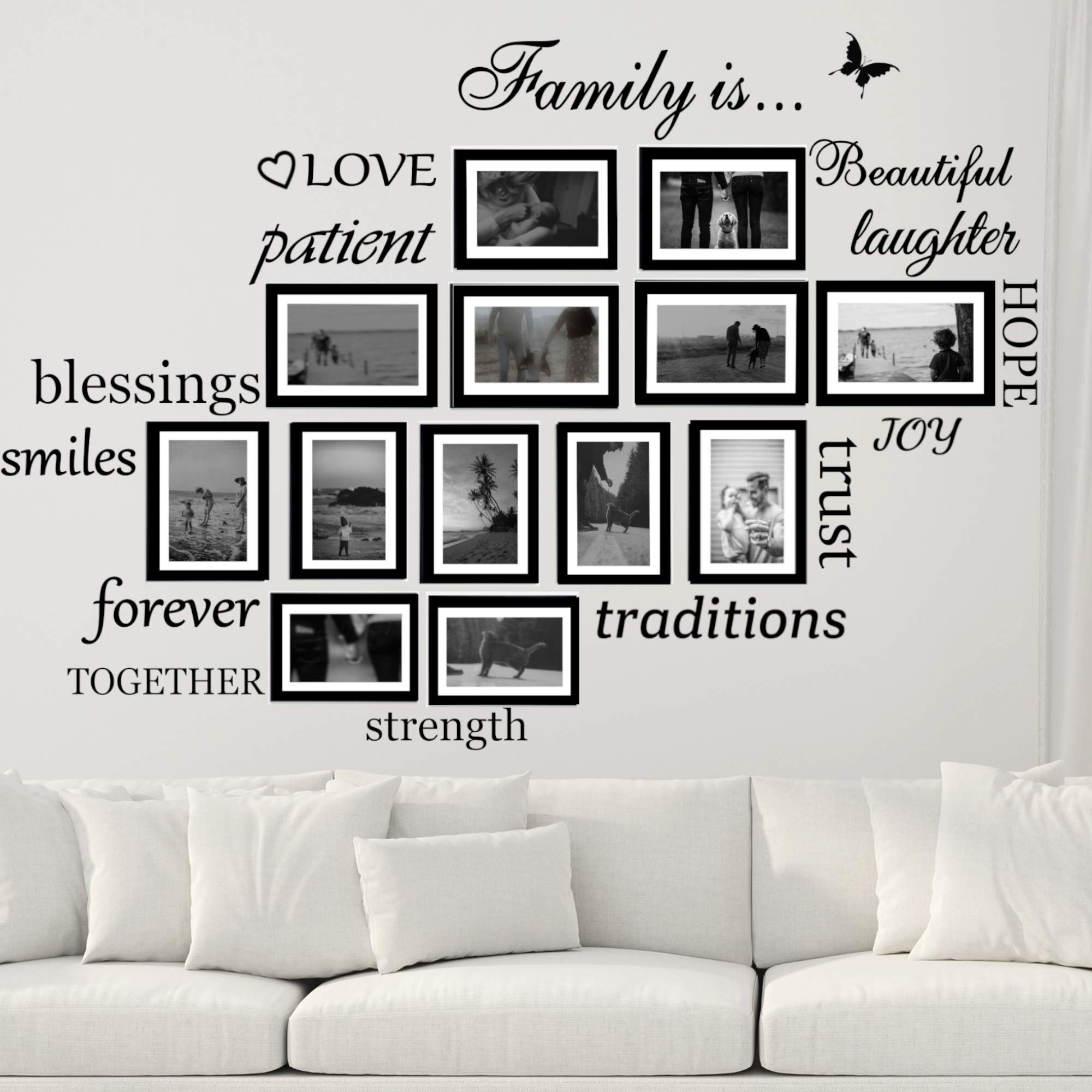 World of Wall Decal Family Wall Decals Set of 14 Family Words Quotes Vinyl Stickers Picture Frame Wall Decoration DIY Family Room Art Decoration Matte Black (The Photo Frames are not Included)