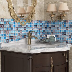 Livelynine Waterproof Wallpaper for Bathroom Shower Wall Decorative Contact Paper Self Adhesive for Furniture Stickers Kitchen Backsplash Tiles Peel and Stick Counter Removable Blue Mosaic 15.8"x78.8"